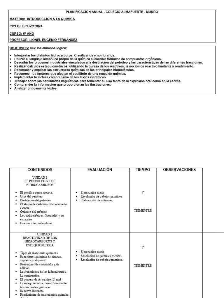 Planificación Química 5to Año Secundaria | PDF | Hidrocarburos ...