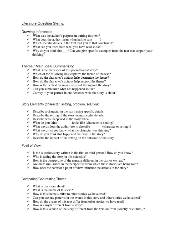 Common Core Reading Question Stems 2 | PDF | Narration | Cognition