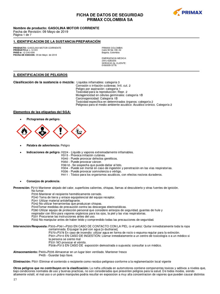 Hoja de Seguridad Gasolina Primax | PDF | Agua | Incendios