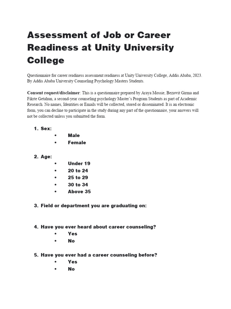 Assessment of Job or Career Readiness at Unity University College | PDF ...