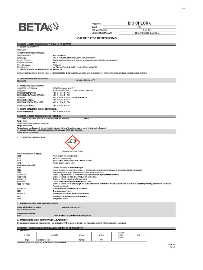 HDS - Cloro (Biochlor 6) | PDF | Agua | Cloro