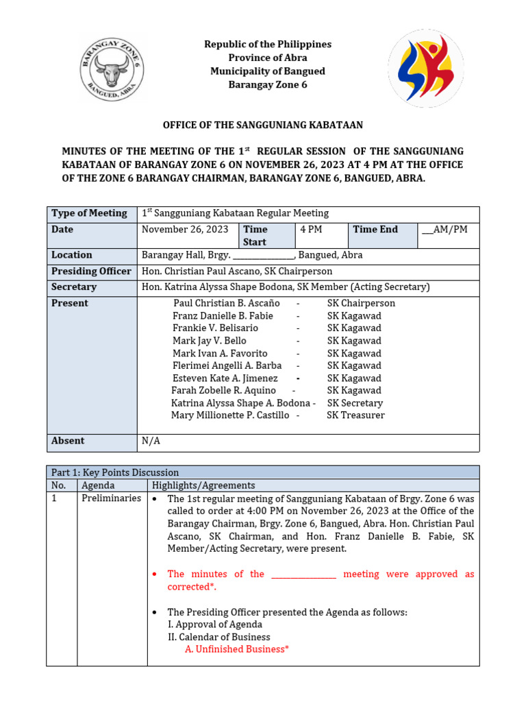 SK Meeting Minutes - Brgy. Zone 6 | PDF | Government