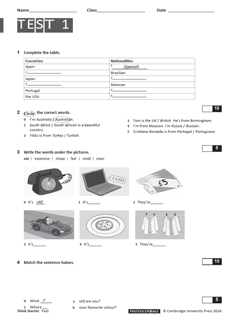 Think Starter Unit 1 Test | PDF