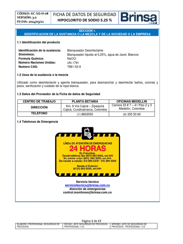 Hipoclorito de Sodio 5.25% | PDF | Amoníaco | Cloro