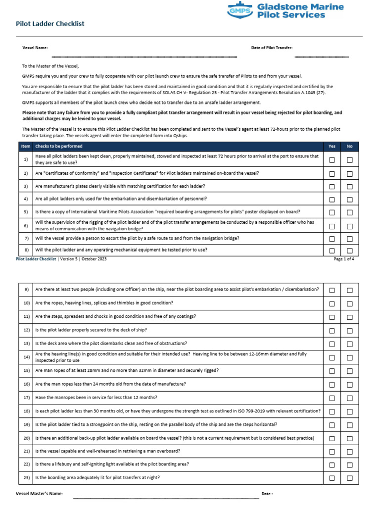 Pilot Ladder Checklist | PDF | Water Transport | Shipping
