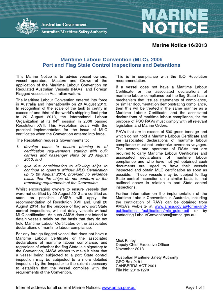 AMSA - Marine Notice 16-2013 - MLC PSC | PDF | Regulatory Compliance ...