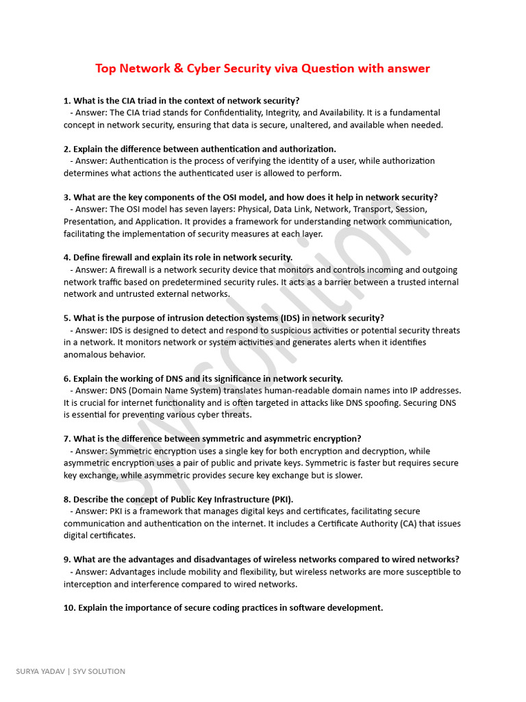 Top Network & Cyber Security Viva Question With Answer | PDF | Security | Computer Security