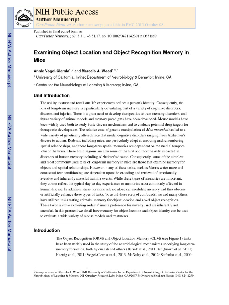 Examining Object Location and Object Recognition Memory in Mice | PDF | Memory | Model Organism