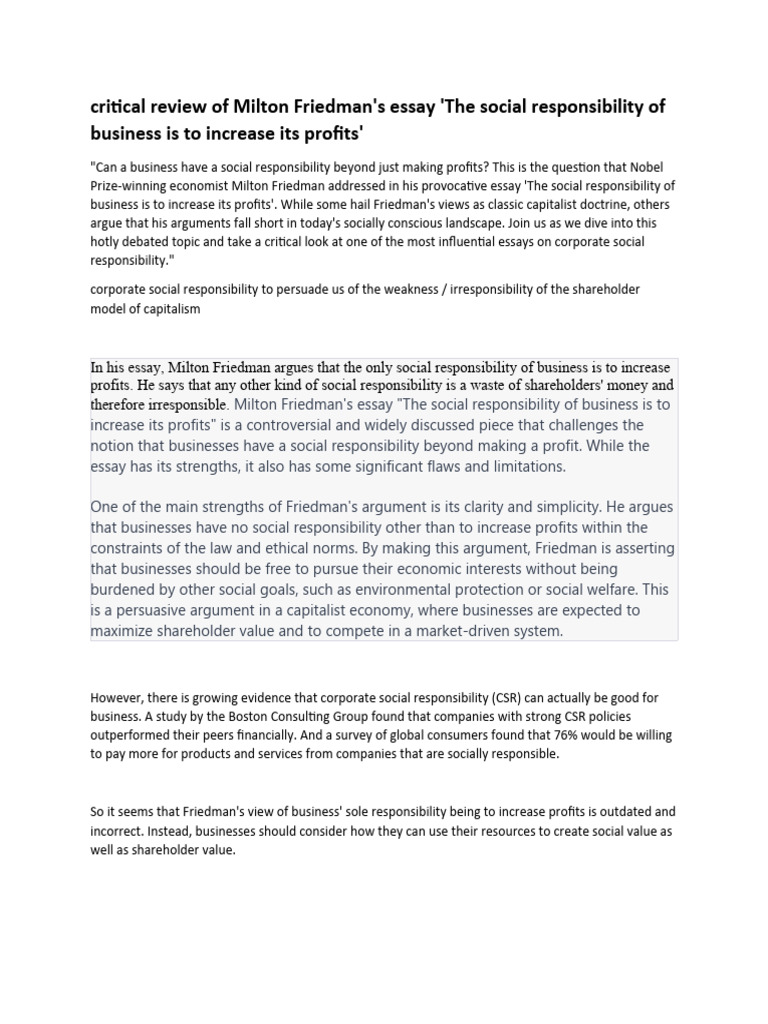 Critical Review of Milton Friedman | PDF | Corporate Social ... Critical Review of Milton Friedman | PDF | Corporate Social ...