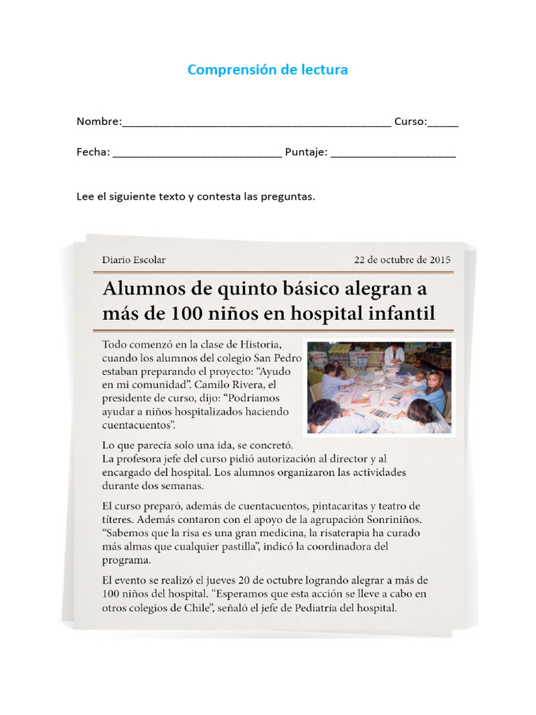 Comprensión de Lectura Noticia Colegio | PDF