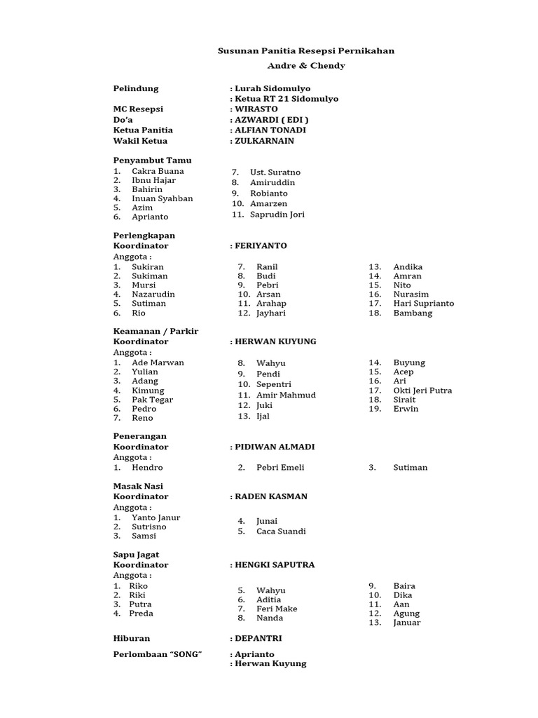 Susunan Panitia Resepsi Pernikahan | PDF