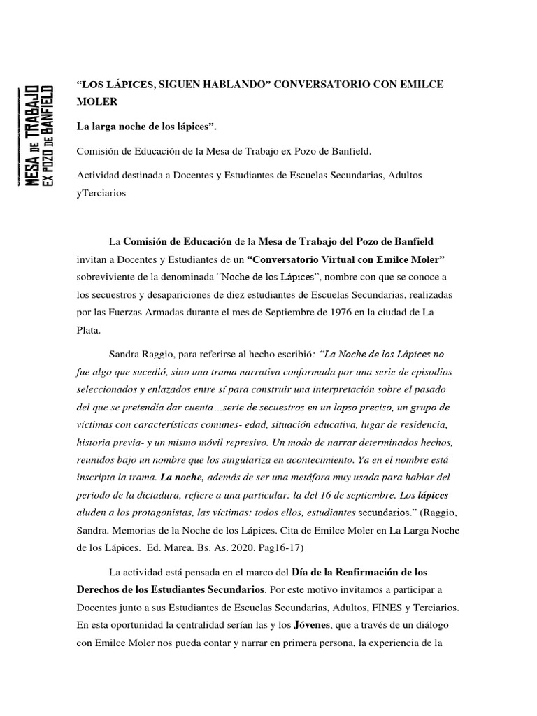 La Larga Noche de Los Lápices - Conversatorio Emilce Moler | PDF | Argentina