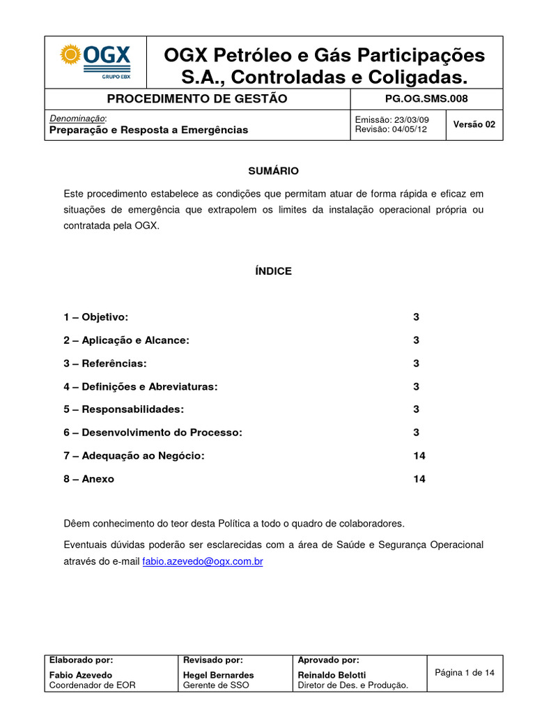 PG OG SMS 008 - Procedimento de Preparação e Resposta A Emergências ...