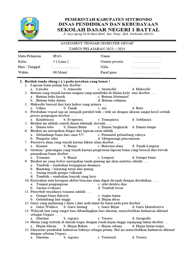 SOAL ATS IPAS 2023 - 2024 Bu Yuli | PDF | Sains & Matematika