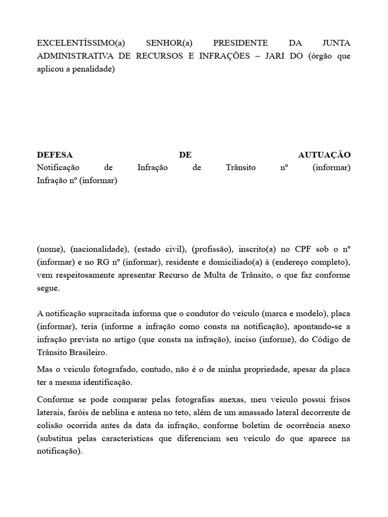 Modelo Recurso de Multa de Trânsito | Download grátis PDF | Tráfego