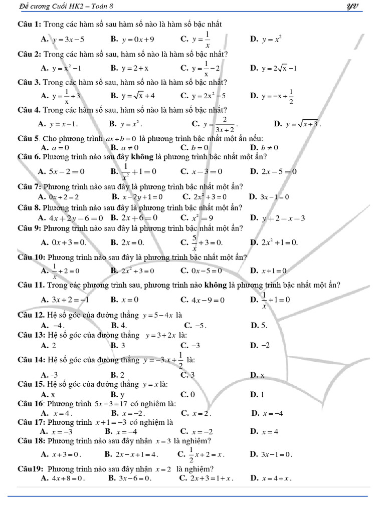 ĐC Trắc Nghiệm Toán 8 - CK2 | PDF