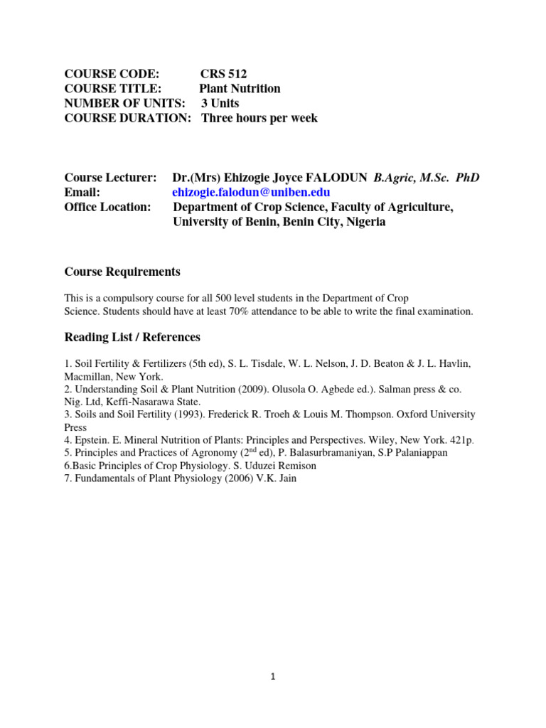 Crs 512 Lecture Note PDF | PDF | Soil | Plant Nutrition