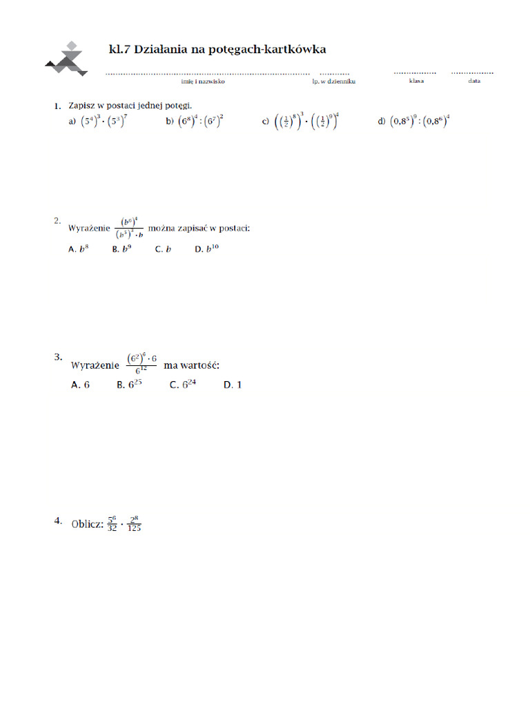 kl.7c Działania Na Potęgach Kartkówka | PDF