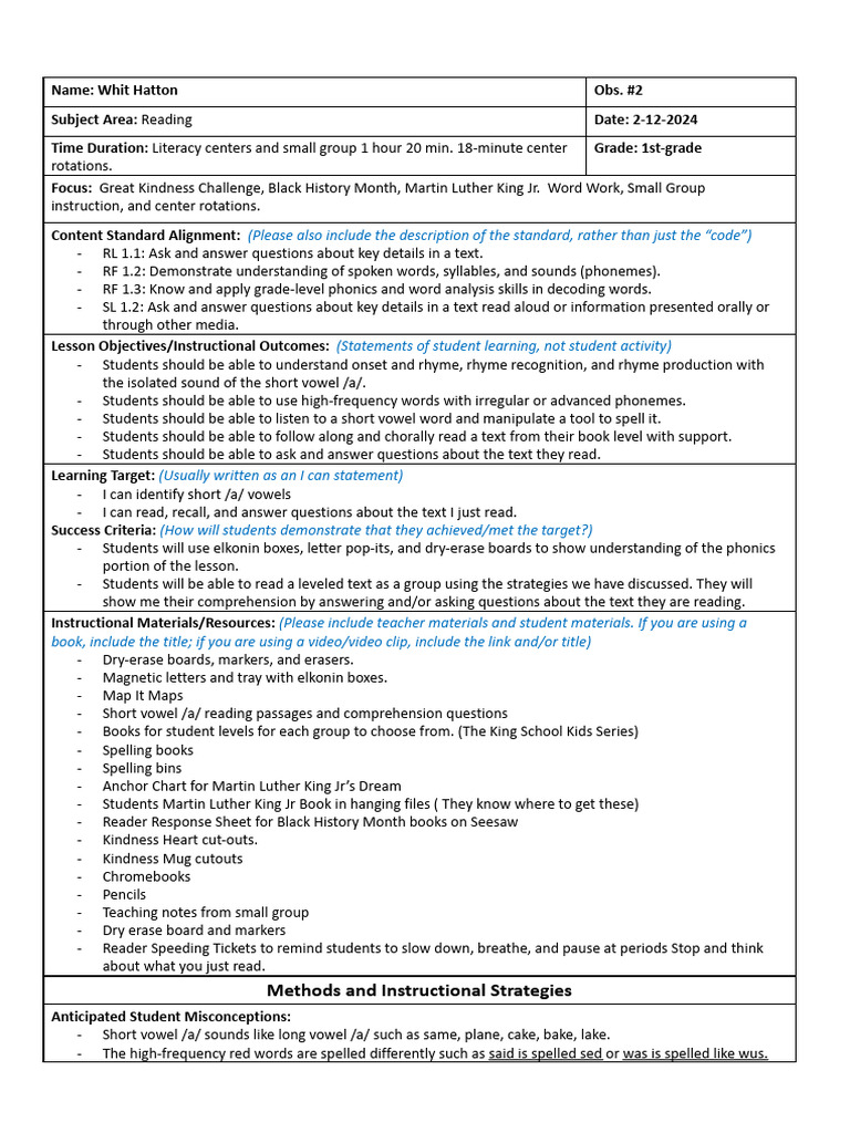 1st Grade Reading Lesson Plan Overview | PDF | Phonics | Reading (Process)