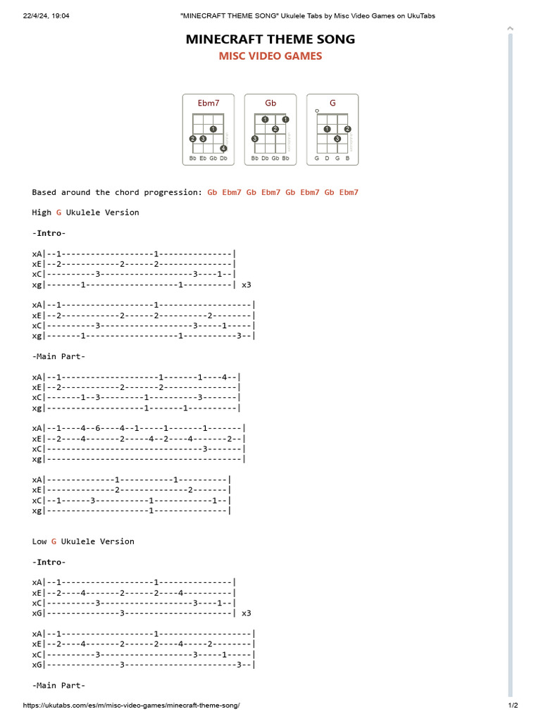MINECRAFT THEME SONG - Ukulele Tabs by Misc Video Games On UkuTabs | PDF