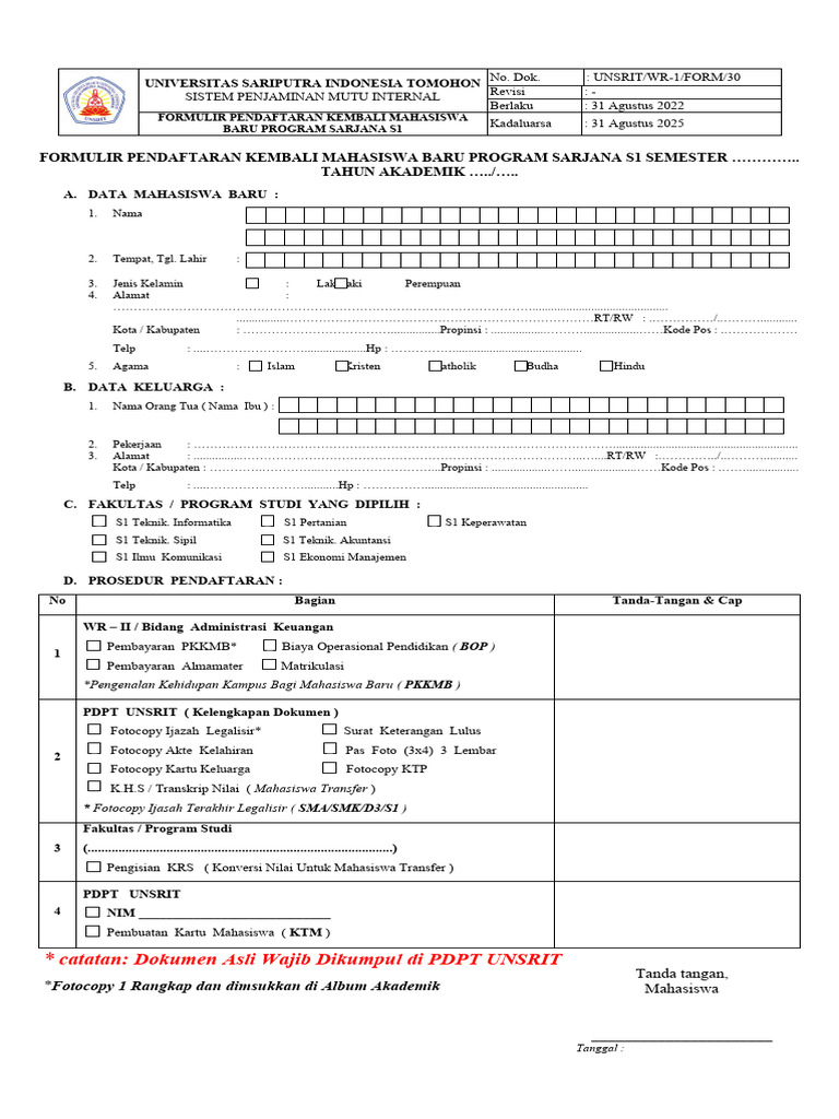 1a. Formulir Pendaftaran Kembali (Nim) Mahasiswa Baru S1.fix | PDF