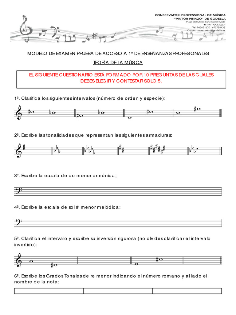 1r Llenguatge Musical 1r EEPP. Teoria. MODEL D_EXAMEN Prova Accés | PDF