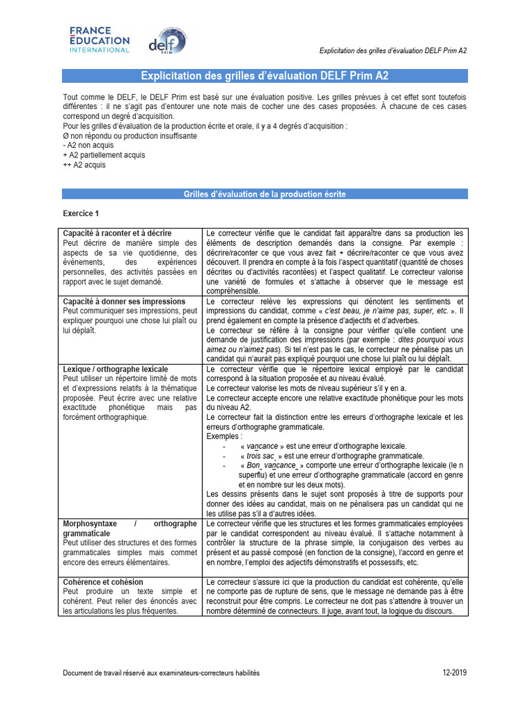 Grilles d'évaluation DELF Prim A2 | PDF | Genre grammatical | Orthographie