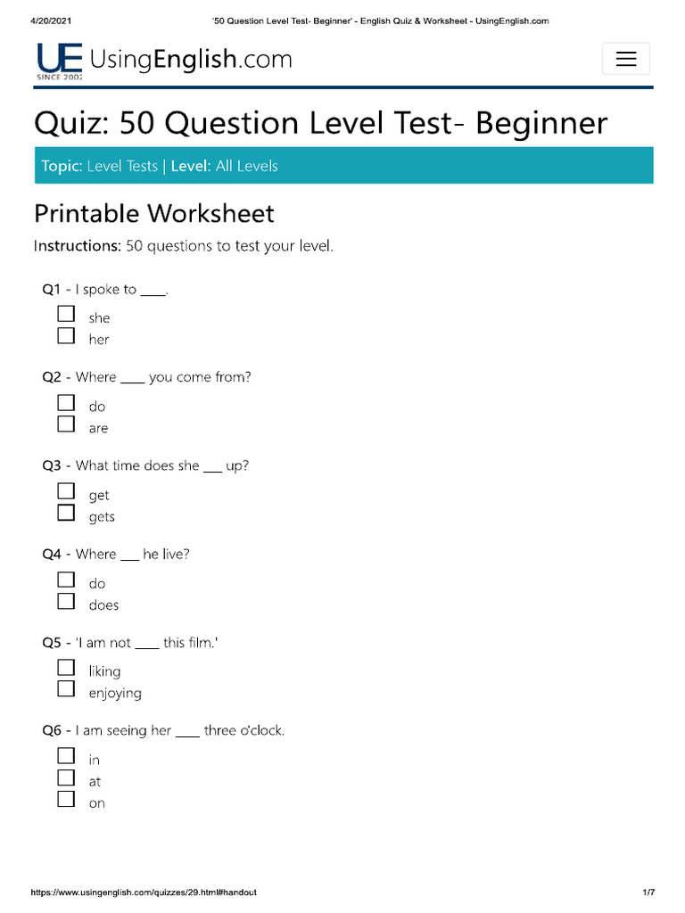 English Quiz - 50 Question Level Test - Beginner | PDF