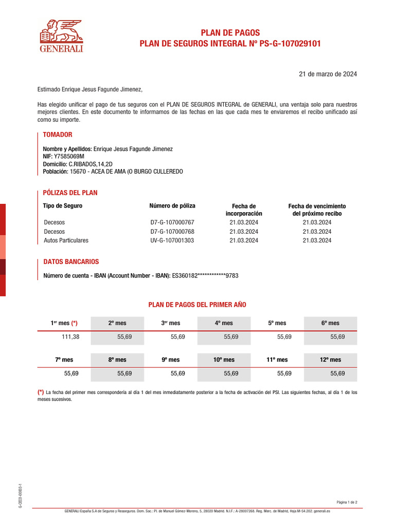 Plan de Pagos Seguro Integral Generali | PDF | Seguro | Póliza de seguros