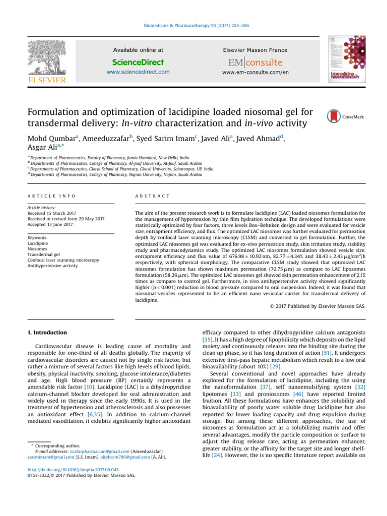 Formulation and Optimization of Lacidipine Loaded Niosomal Gel For ...