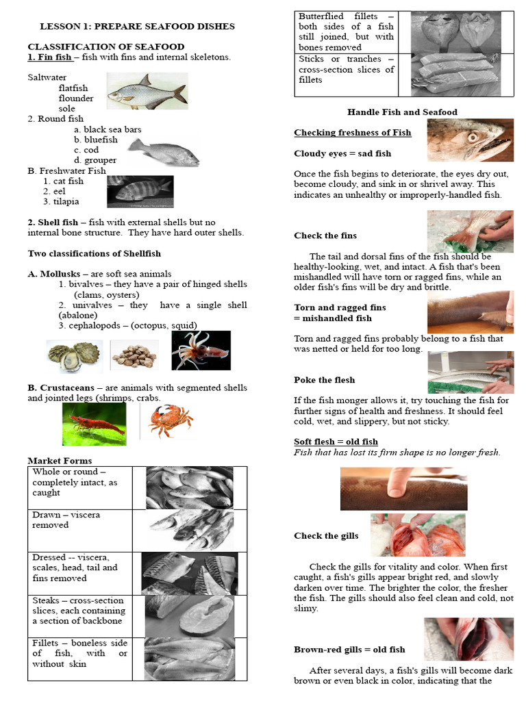 Lesson 1 - Prepare Seafood Dishes Notes | PDF | Seafood | Shellfish