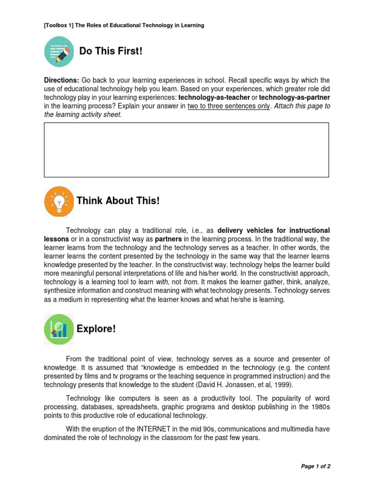 (Toolbox 1) The Roles of Educational Technology in Learning | PDF ...