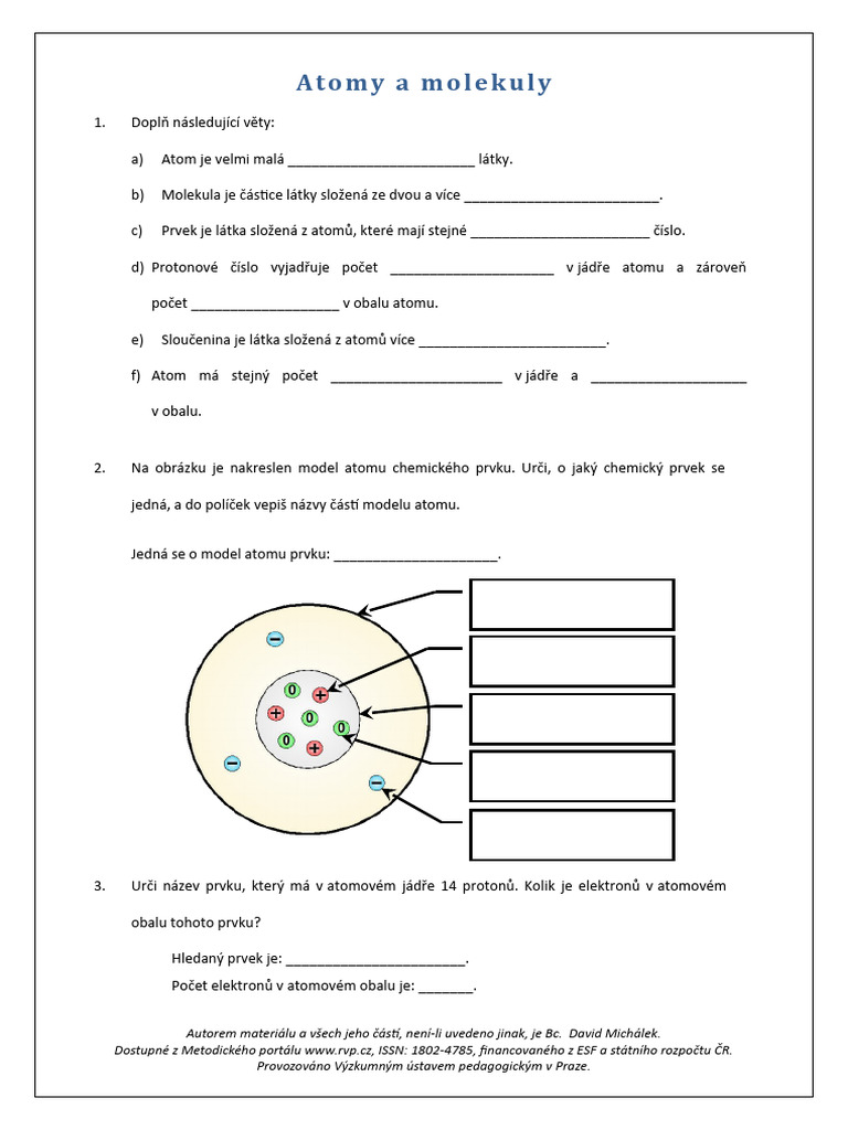 Atomy A Molekuly - Pracovní List | PDF