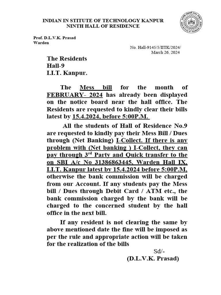 Mess Bill - 1 Online Notice | PDF