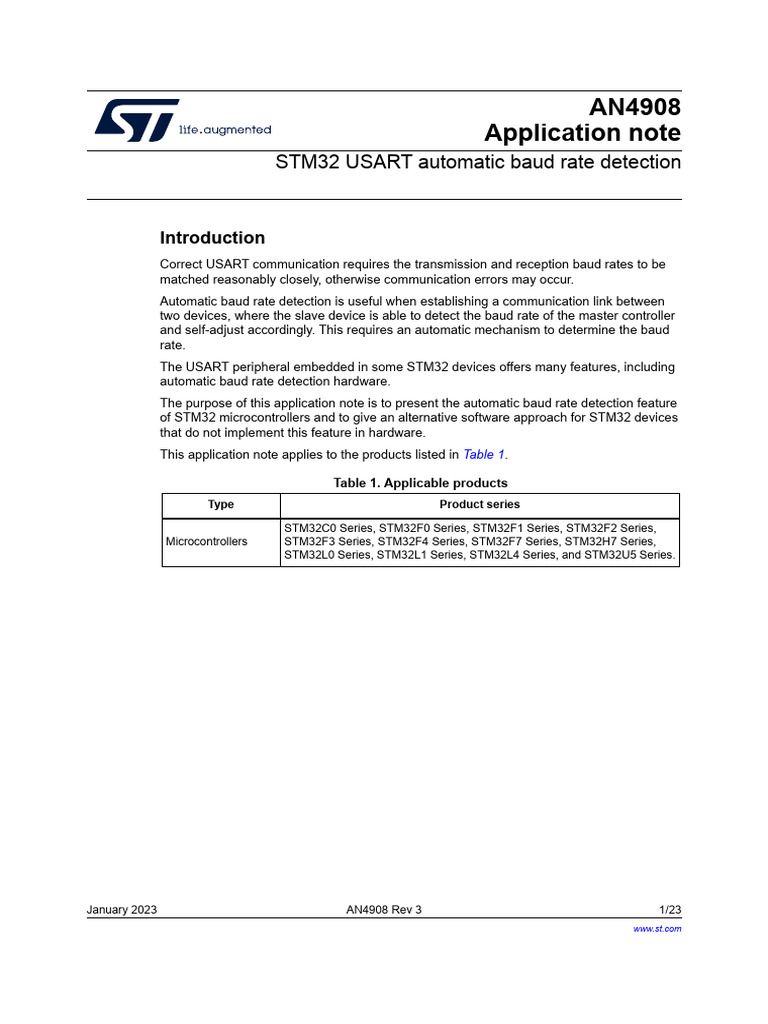 An4908 Stm32 Usart Automatic Baud Rate Detection Stmicroelectronics Download Free Pdf