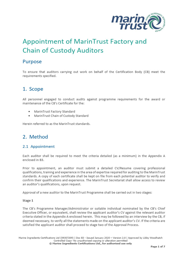 B3 - V2.0 - Appointment of MarinTrust Factory & Chain of Custody ...