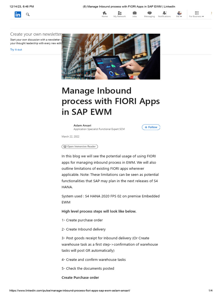 Manage Inbound Process With FIORI Apps in SAP EWM - LinkedIn | Download Free PDF | Linked In ...