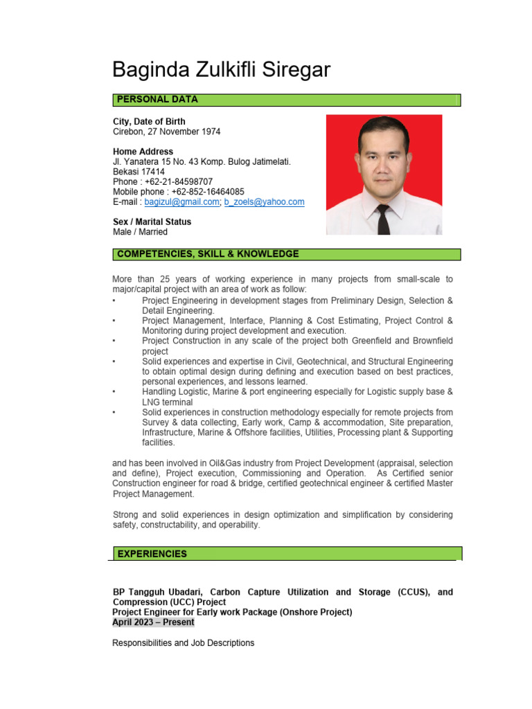 CV Baginda Zulkifli Siregar 2023 | PDF | Liquefied Natural Gas | Engineering