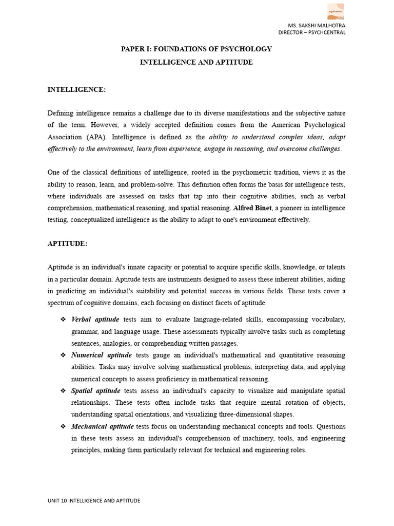 Chapter 10 - Intelligence & Aptitude | PDF | Intelligence | Wechsler Adult Intelligence Scale
