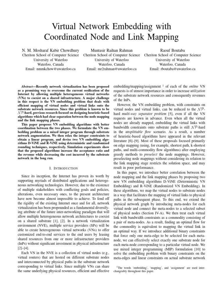 Virtual Network Embedding With Coordinated Node and Link Mapping | PDF | Linear Programming ...