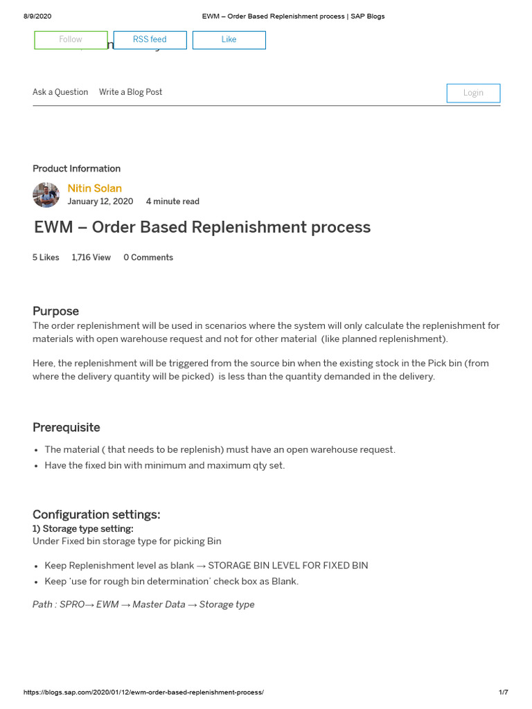 EWM - Order Based Replenishment Process - SAP Blogs | PDF | Warehouse