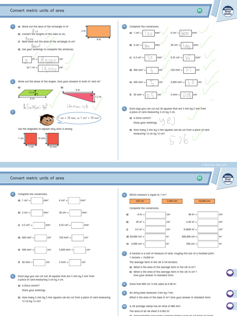 Y8 Spring Block 6 D9 Convert Metric Units of Area H 2019 1 | PDF | Area ...
