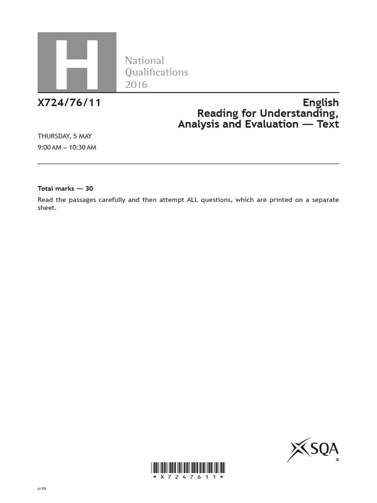 Sqa Higher English Paper 1 Question Paper May 2016 | PDF | Social Science