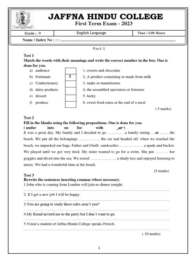 Grade 9 English First Term Exam 2023 | PDF