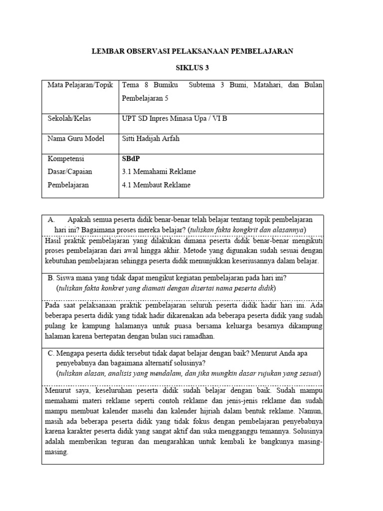 Siklus 3 LK 4 - Lembar Observasi Pembelajaran | PDF | Karier & Perkembangan