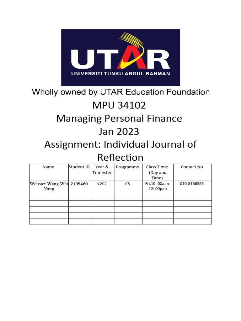 MPU 34102 Managing Personal Finance Jan 2023 Assignment: Individual Journal of Reflection | PDF ...