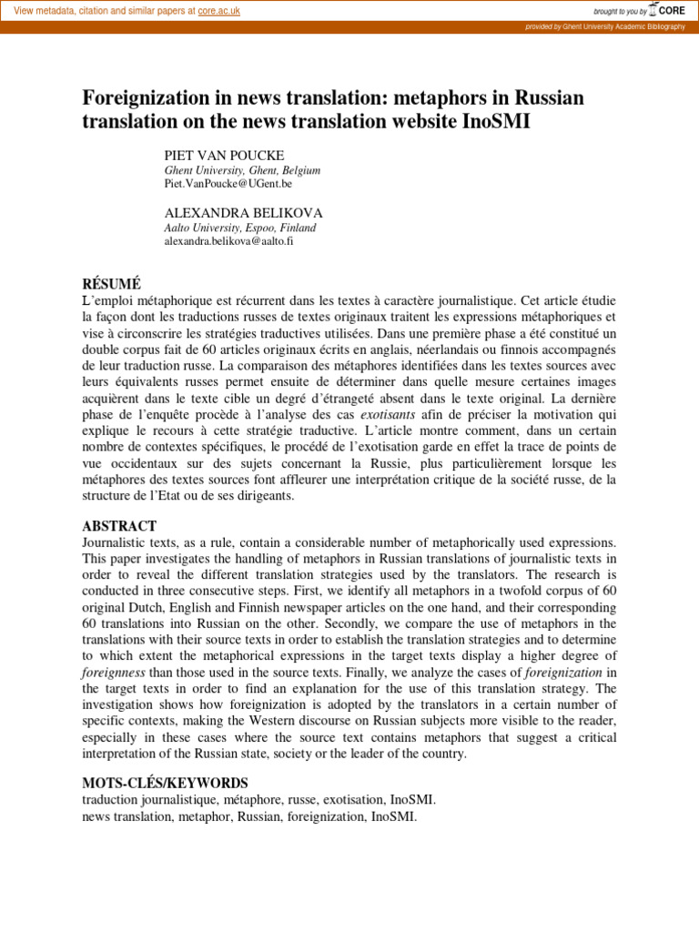 Van Poucke and Belikova. Foreignization and domestication in news ...