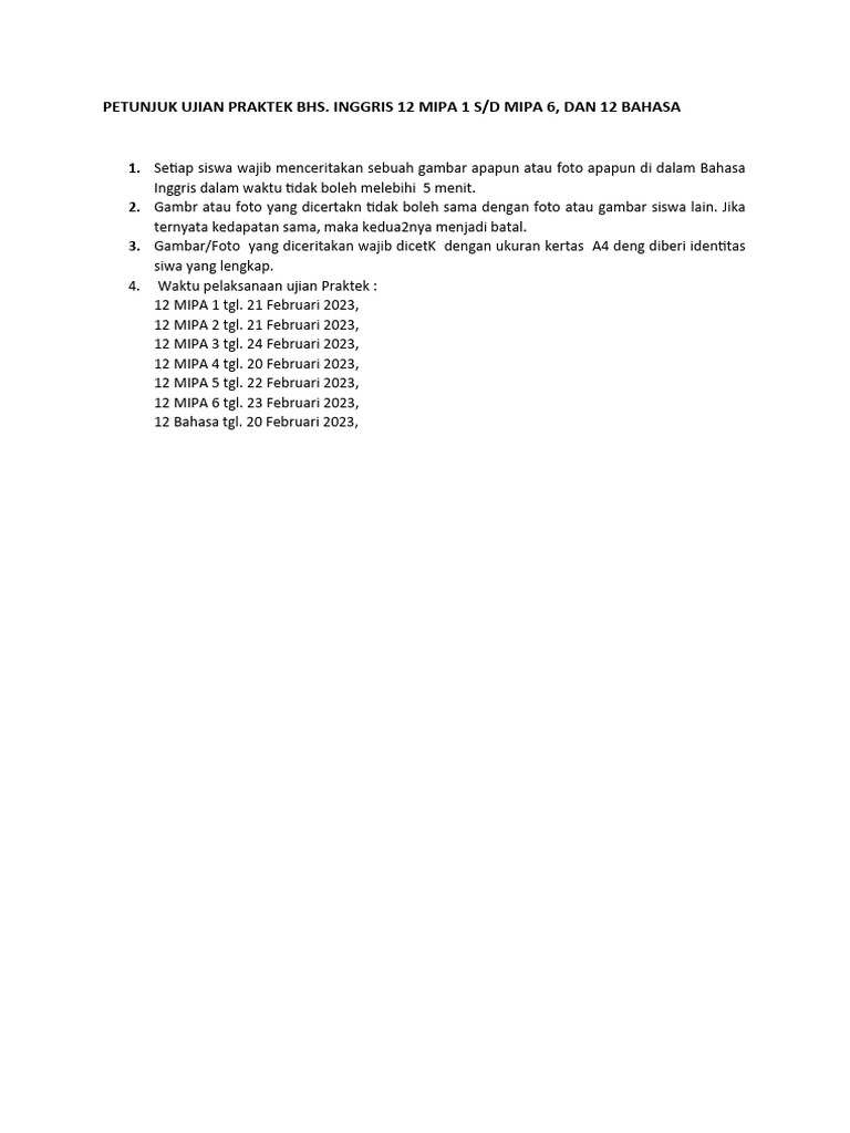 Petunjuk Ujian Praktek Bhs Inggris 12 Mipa Dan 12 Bhs. | PDF | Kajian Bahasa Asing