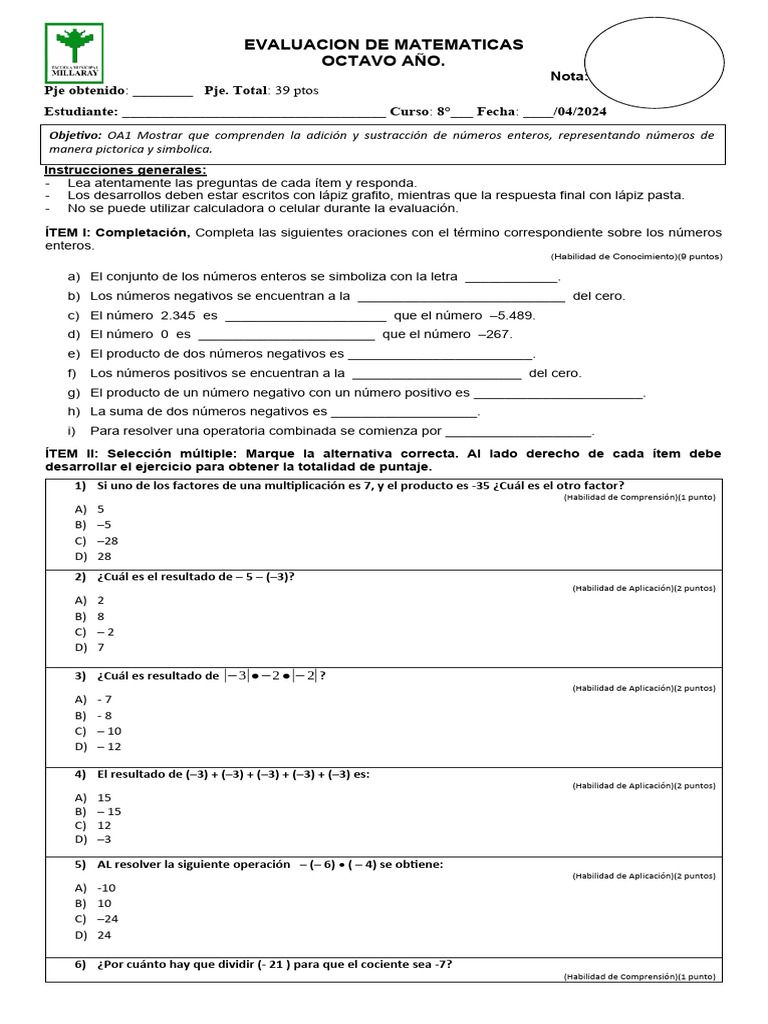 Evaluacion De Matematicas Numeros Enteros 8 Pdf Multiplicación