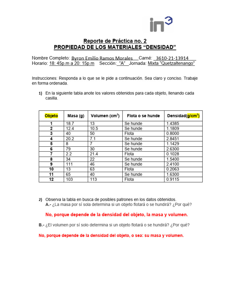 Reporte Practica No.2 Densidad | PDF | Densidad | Cantidades fisicas